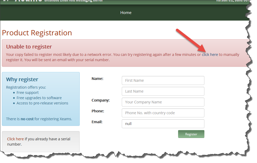 Unable to register the product